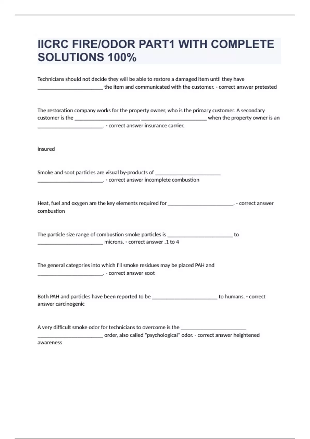 IICRC FIRE/ODOR PART1 WITH COMPLETE SOLUTIONS 100% - IICRC WRT - Stuvia US