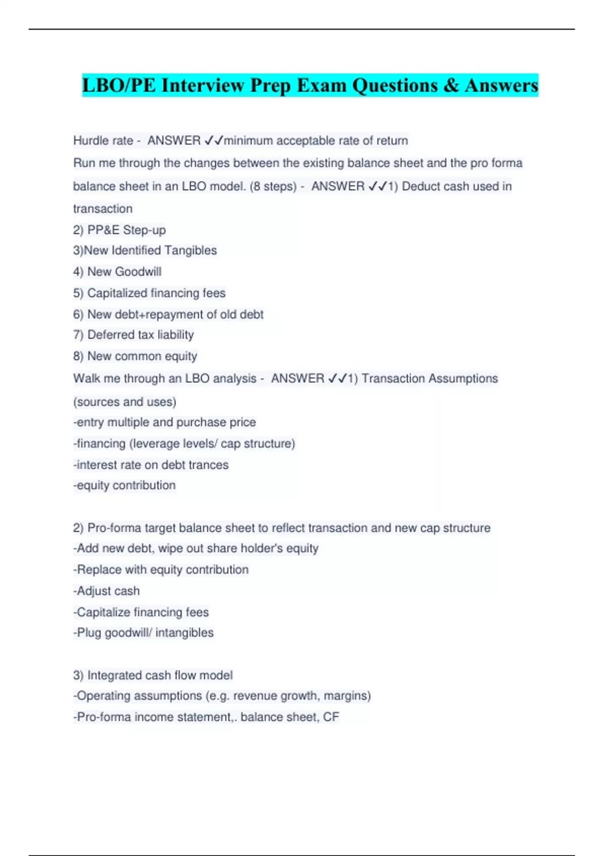 LBO/PE Interview Prep Exam Questions & Answers - LBO - Stuvia US