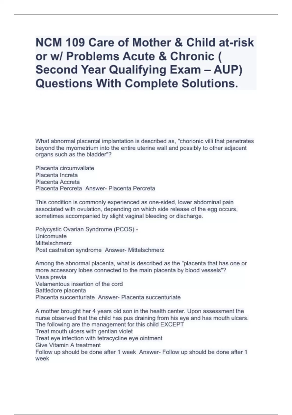 NCM 109 Care of Mother & Child at-risk or w/ Problems Acute & Chronic ( Second Year Qualifying ...