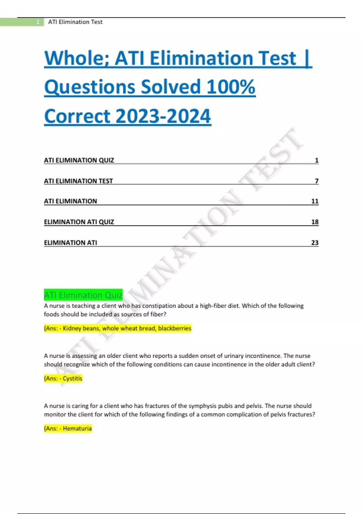 Whole; ATI Elimination Test | Questions Solved 100% Correct - ATI ...