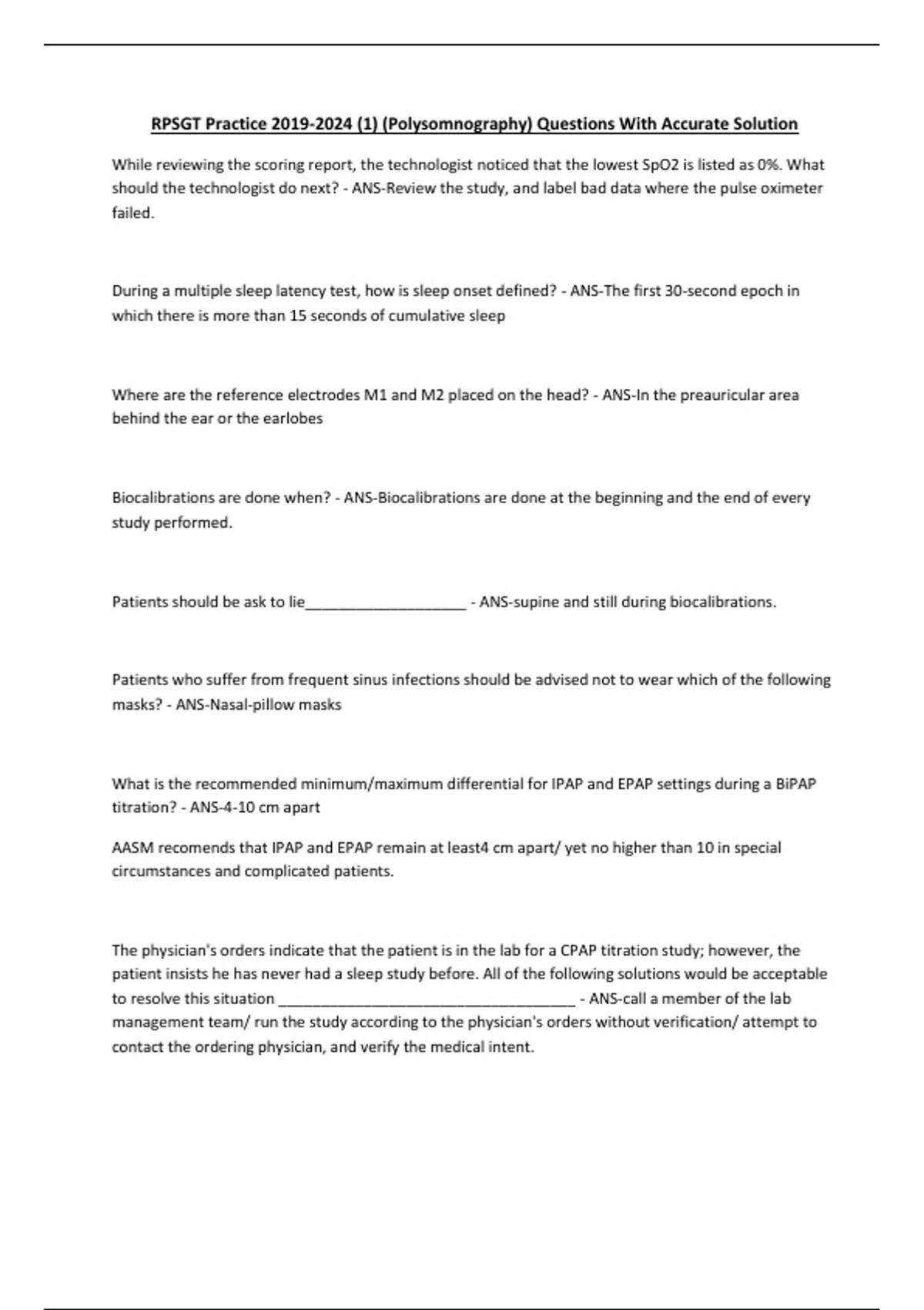 RPSGT Practice (1) (Polysomnography) Questions With Accurate Solution ...