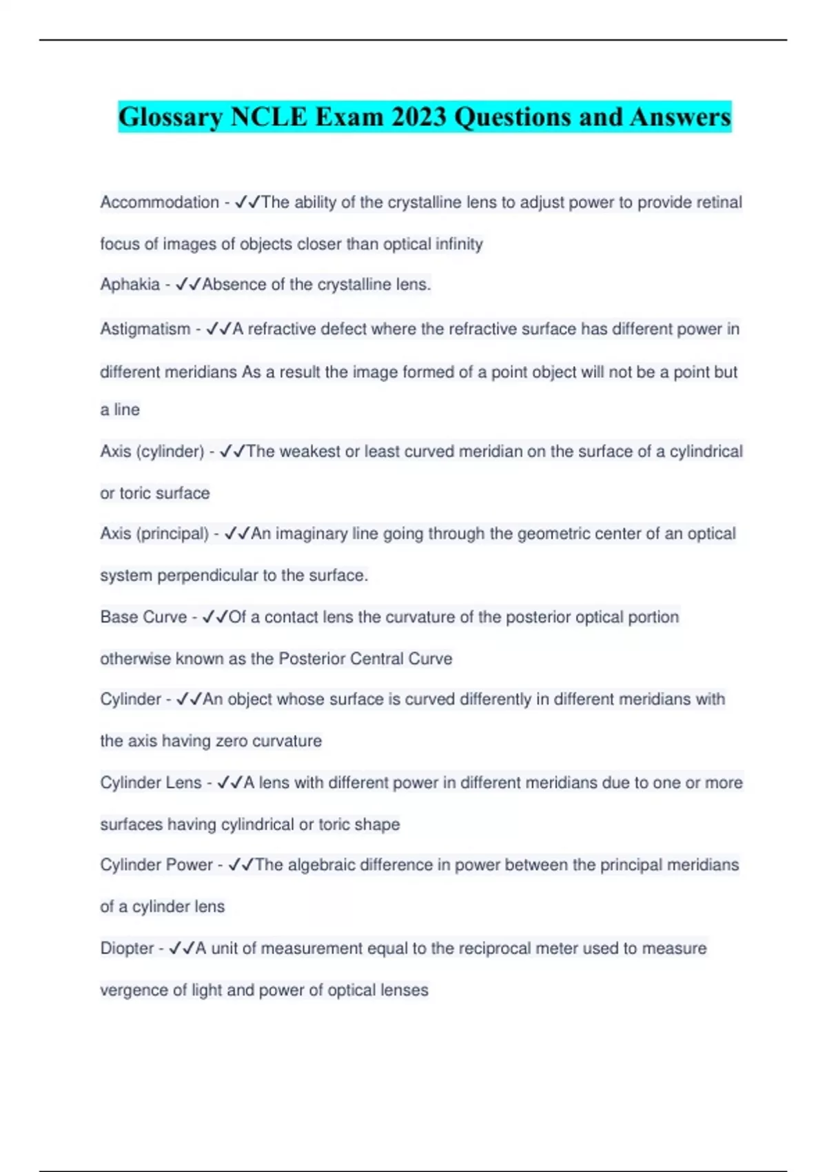 Glossary NCLE Exam 2023 Questions and Answers - NCLE - Stuvia US