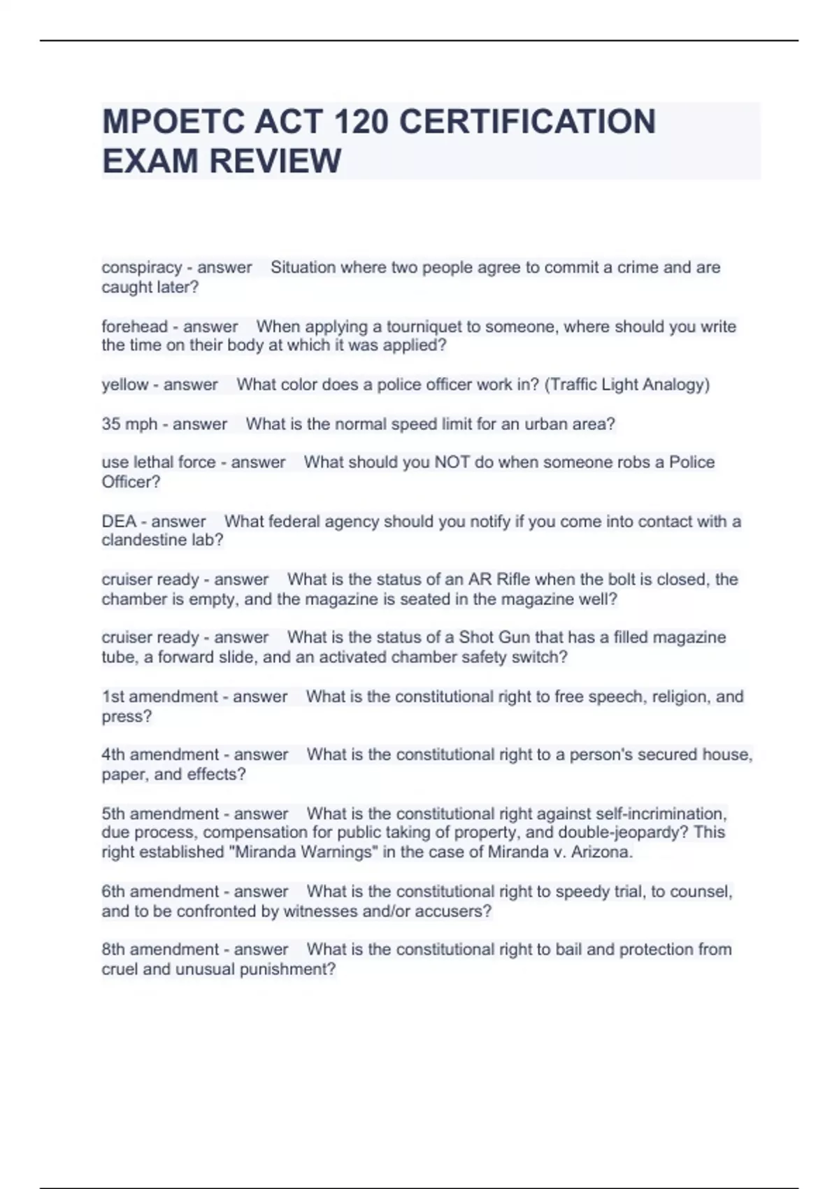 MPOETC ACT 120 CERTIFICATION EXAM REVIEW QUESTIONS AND ANSWERS FULLY ...