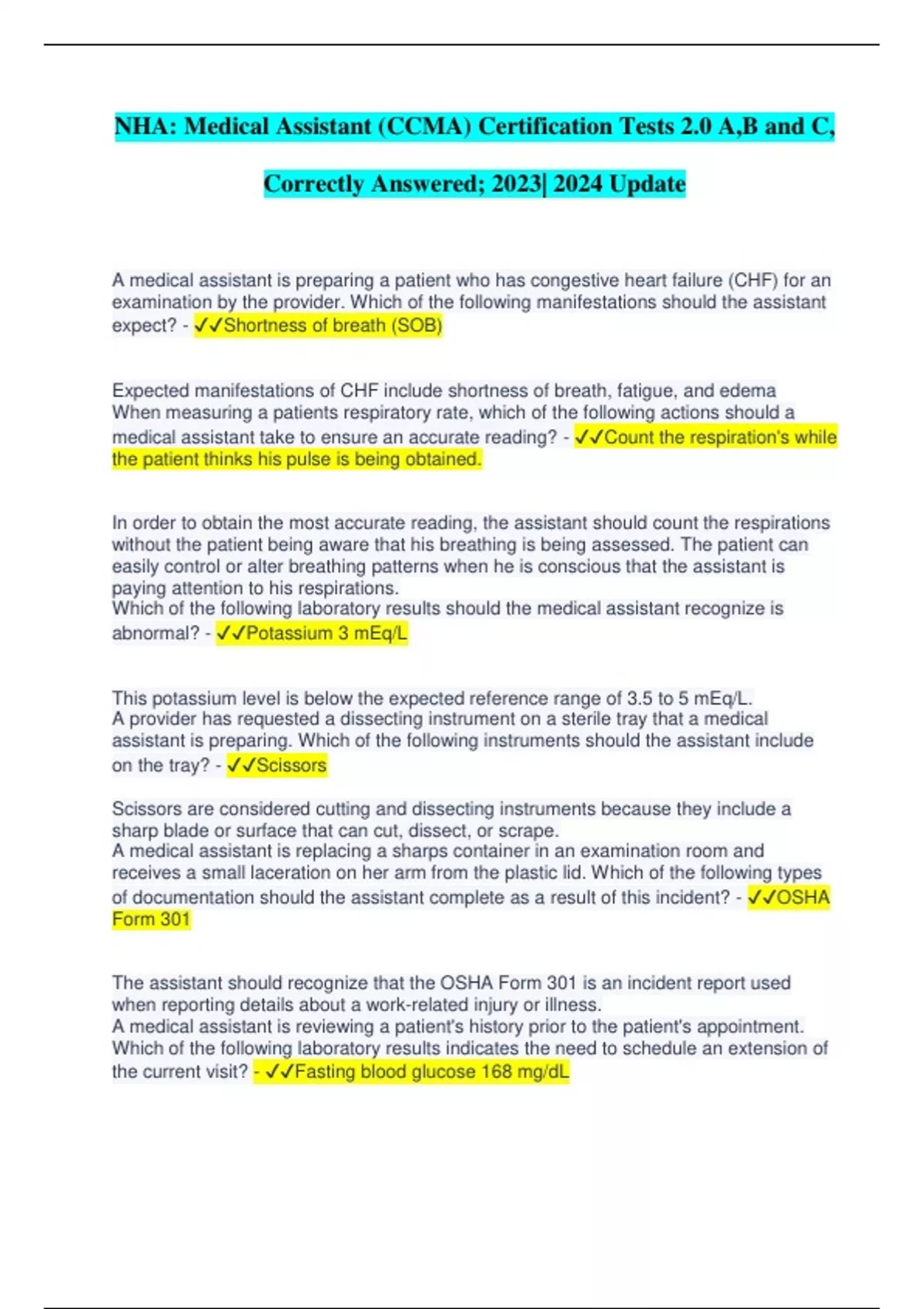 NHA: Medical Assistant (CCMA) Certification Tests 2.0 A,B and C ...