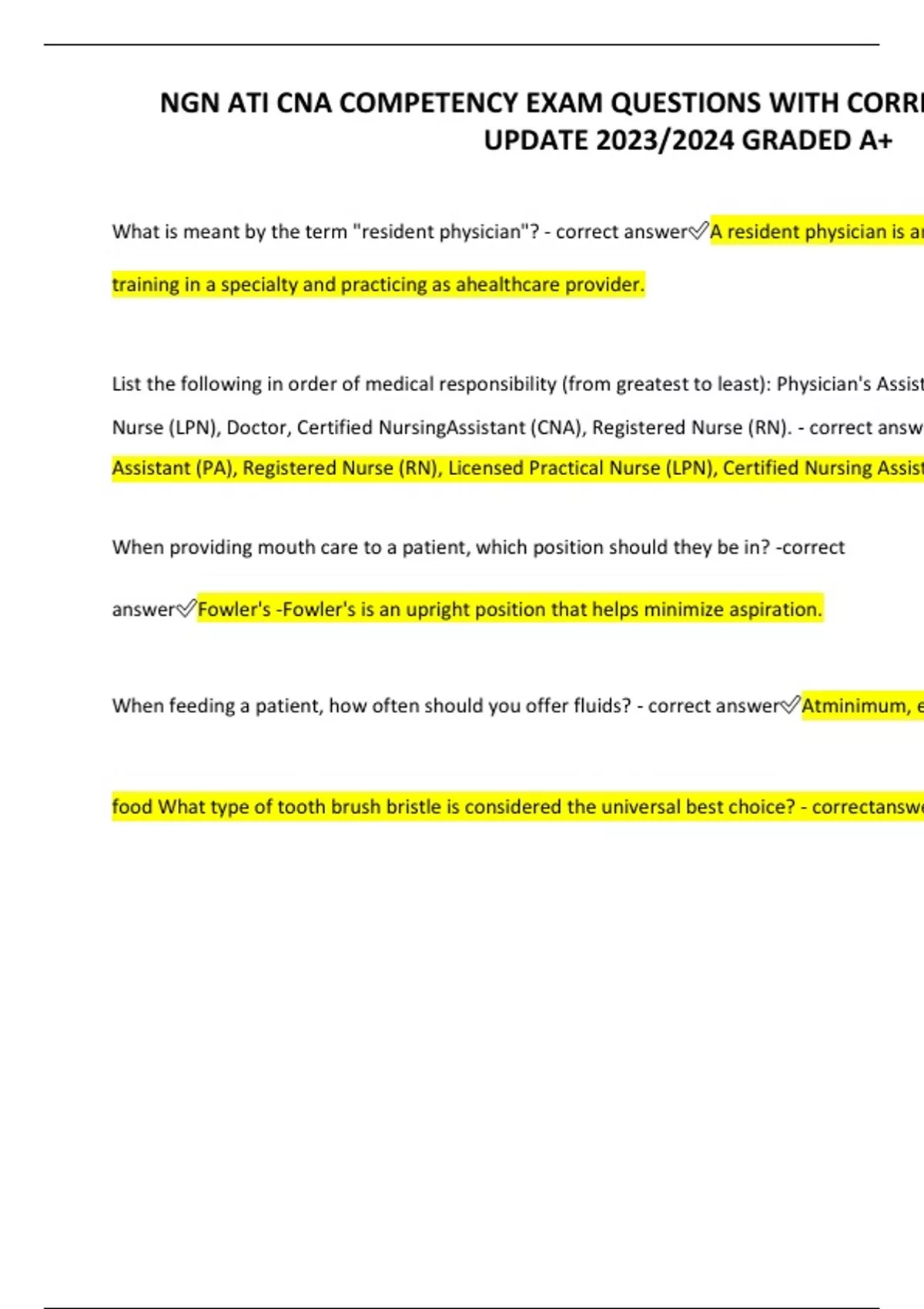 NGN ATI CNA COMPETENCY EXAM QUESTIONS WITH CORRECT ANSWERS |LATEST ...