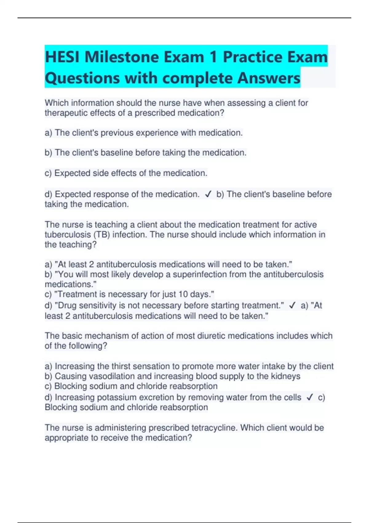 HESI Milestone Exam 1 Practice Exam Questions with complete Answers ...