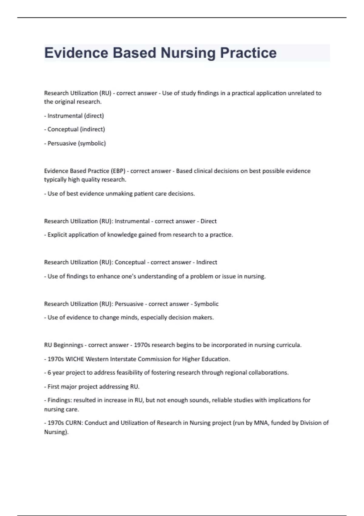 Evidence Based Nursing Practice Question and answers 100% correct 2023/2024 - EDPNA - Stuvia US