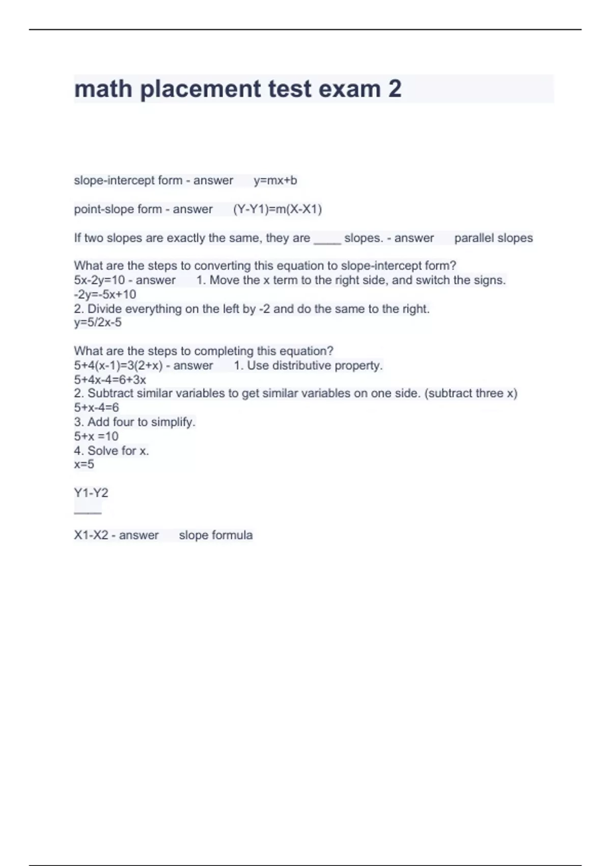 math placement test exam 2 Questions and Answers 100% correct 2023 ...