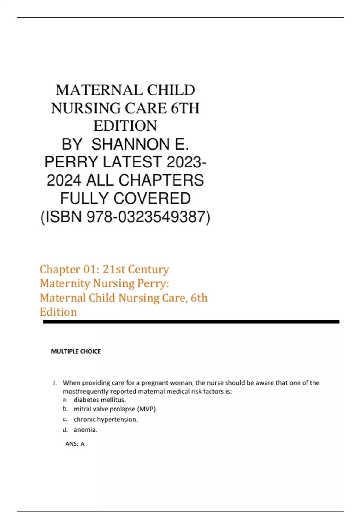 MATERNAL CHILD NURSING CARE 6TH EDITION BY SHANNON E. PERRY LATEST ALL ...