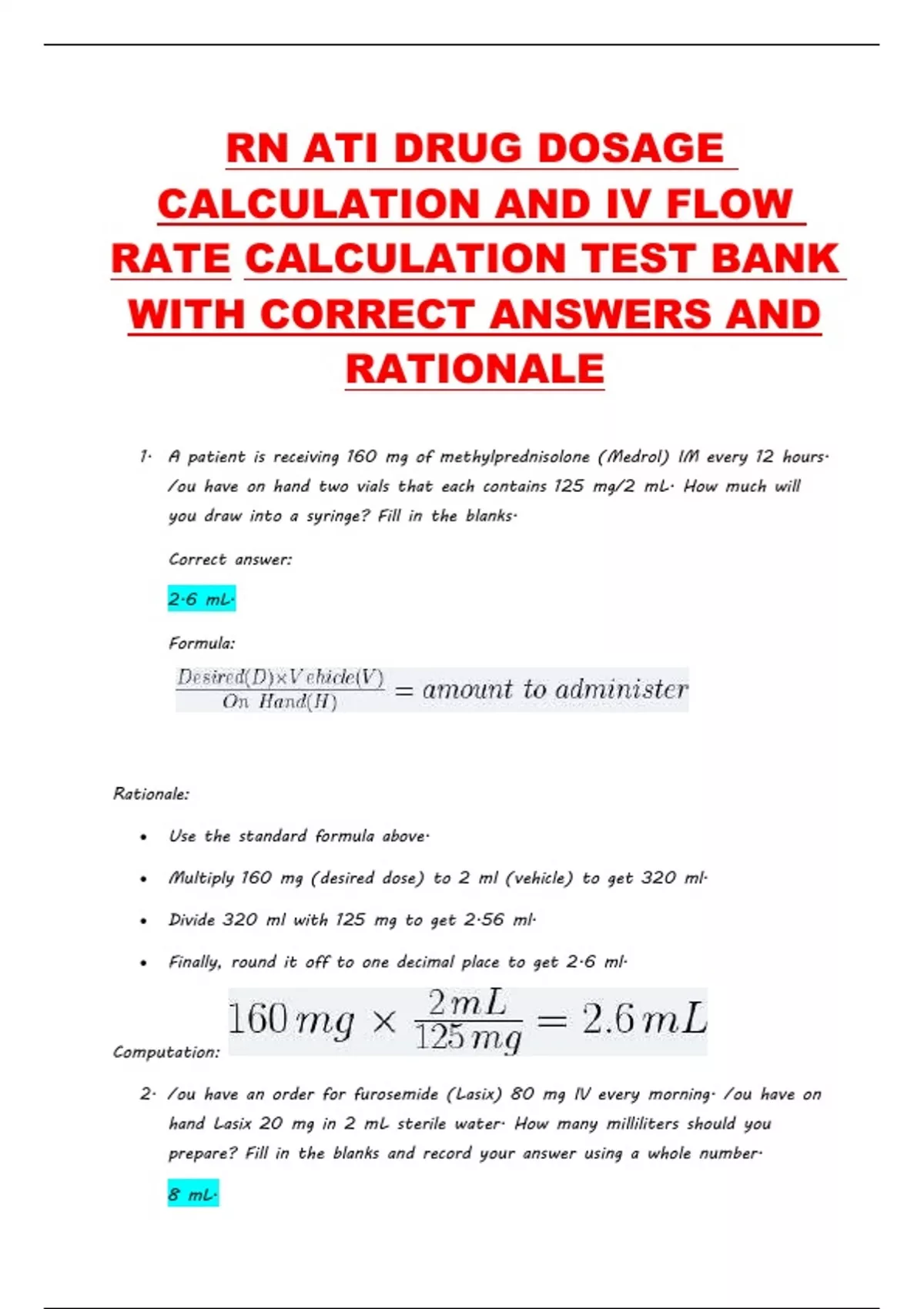 RN ATI DRUG DOSAGE CALCULATION AND IV FLOW RATE CALCULATION TEST BANK ...