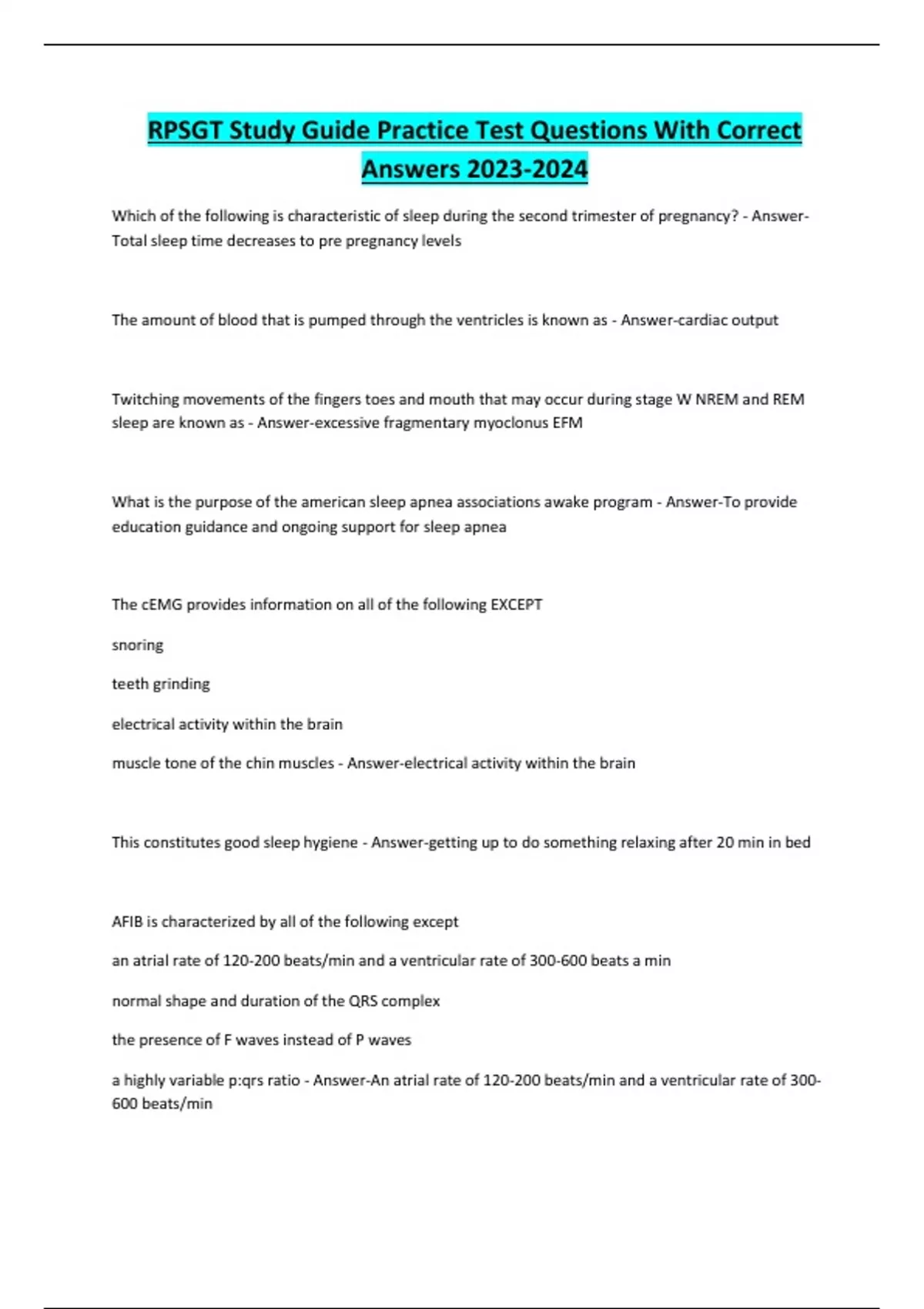 RPSGT Study Guide Practice Test Questions With Correct Answers - Rpsgt ...