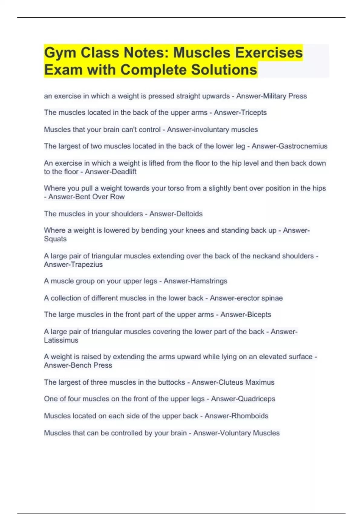 Gym Class Notes: Muscles Exercises Exam with Complete Solutions - Gym ...