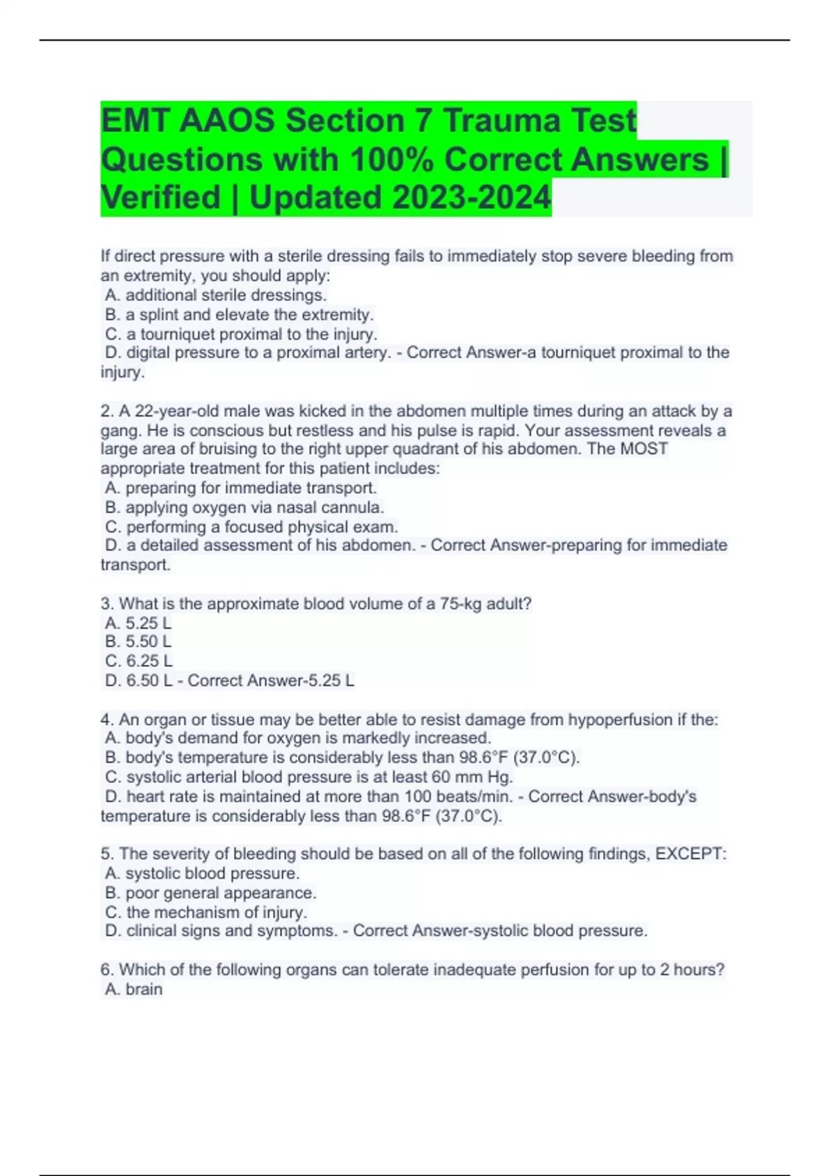 EMT AAOS Section 7 Trauma Test Questions with 100% Correct Answers ...
