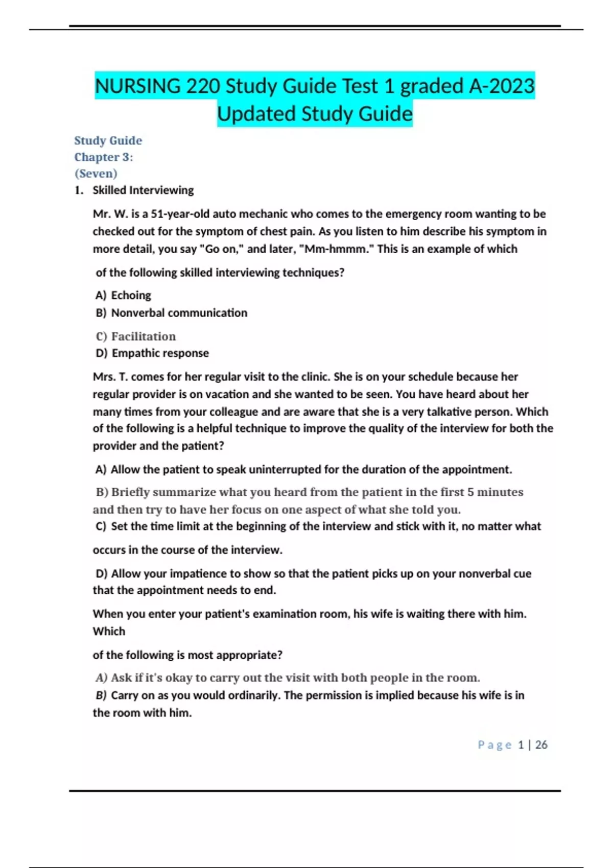 NURSING 220 Study Guide Test 1 graded A-2023 Updated Study Guide. - NSG ...