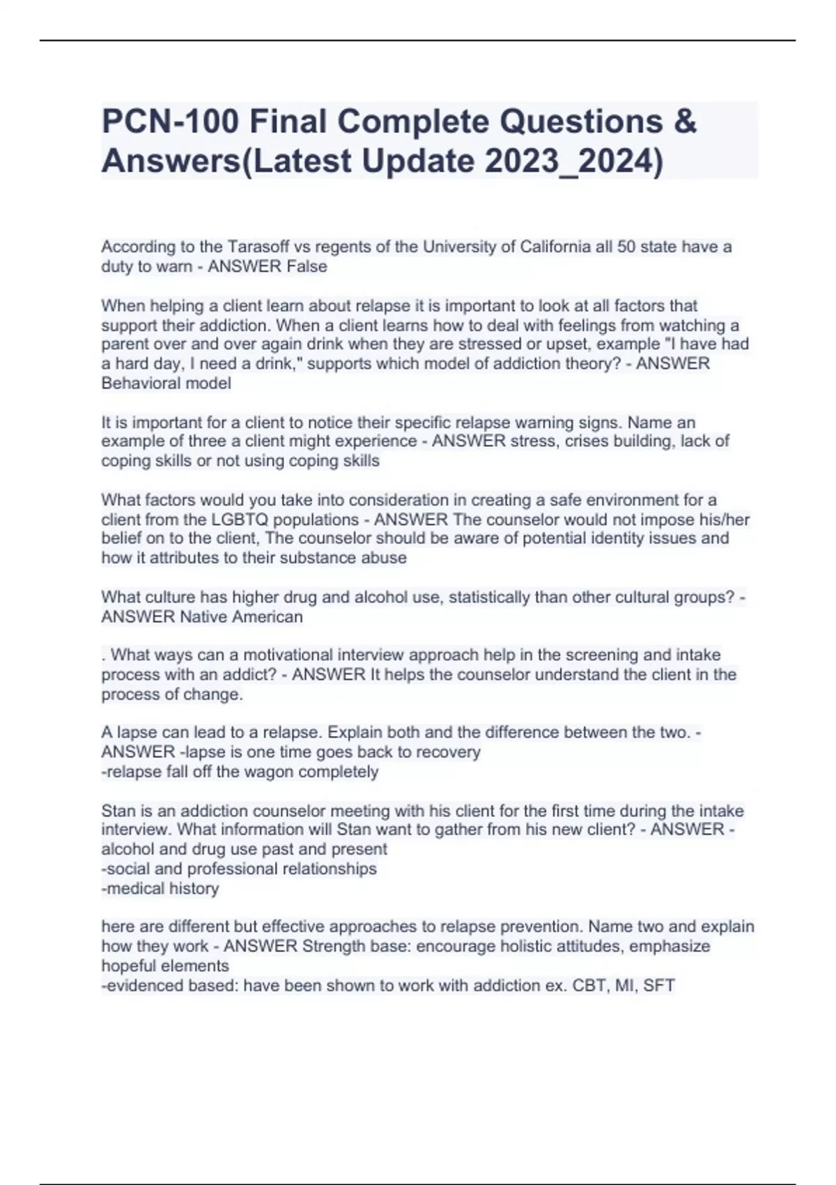 PCN-100 Final Complete Questions & Answers(Latest Update 2023_2024 ...