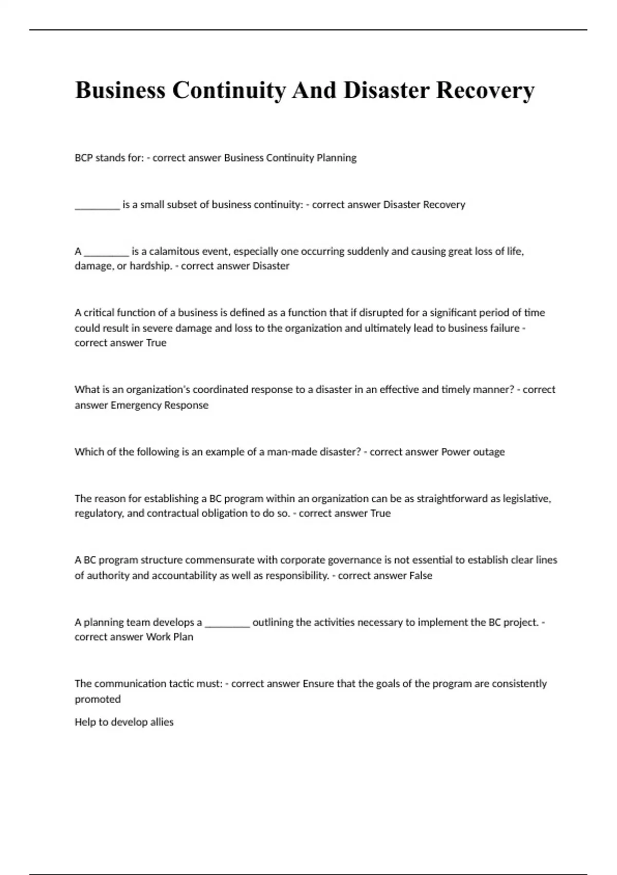 Business Continuity And Disaster Recovery Question and answers ...