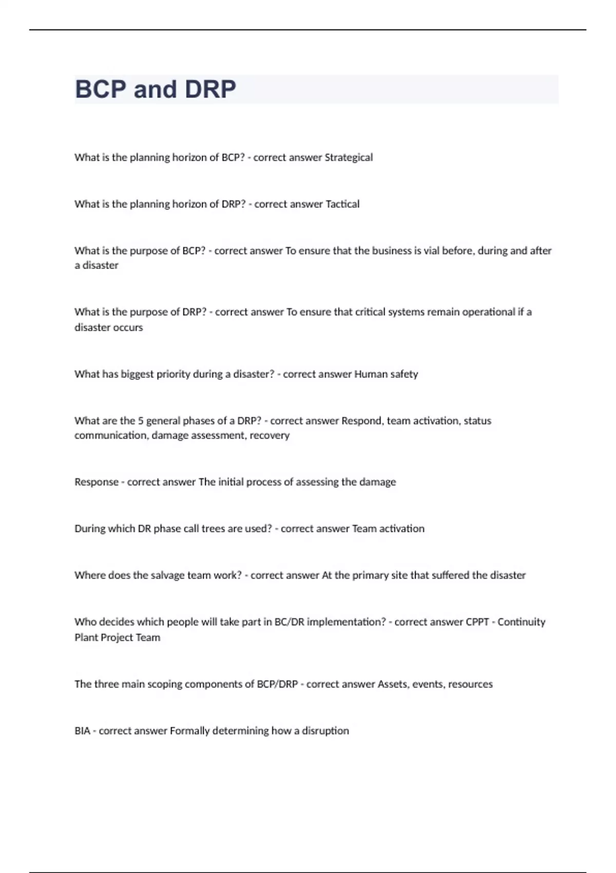 BCP and DRP Question and answers 100% correct 2023/2024 - BCP - Stuvia US