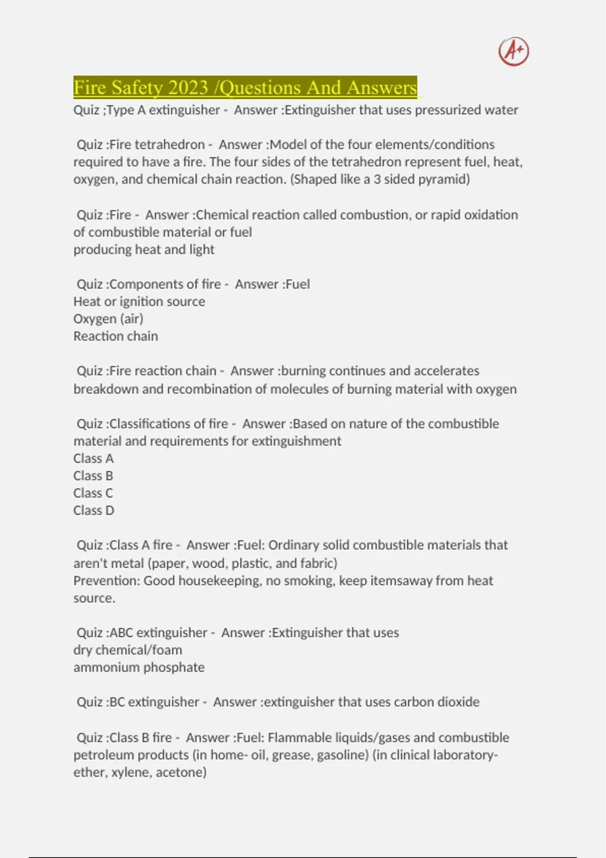 Fire Safety 2023 /Questions And Answers - Fire Safety 2023 /Questions ...