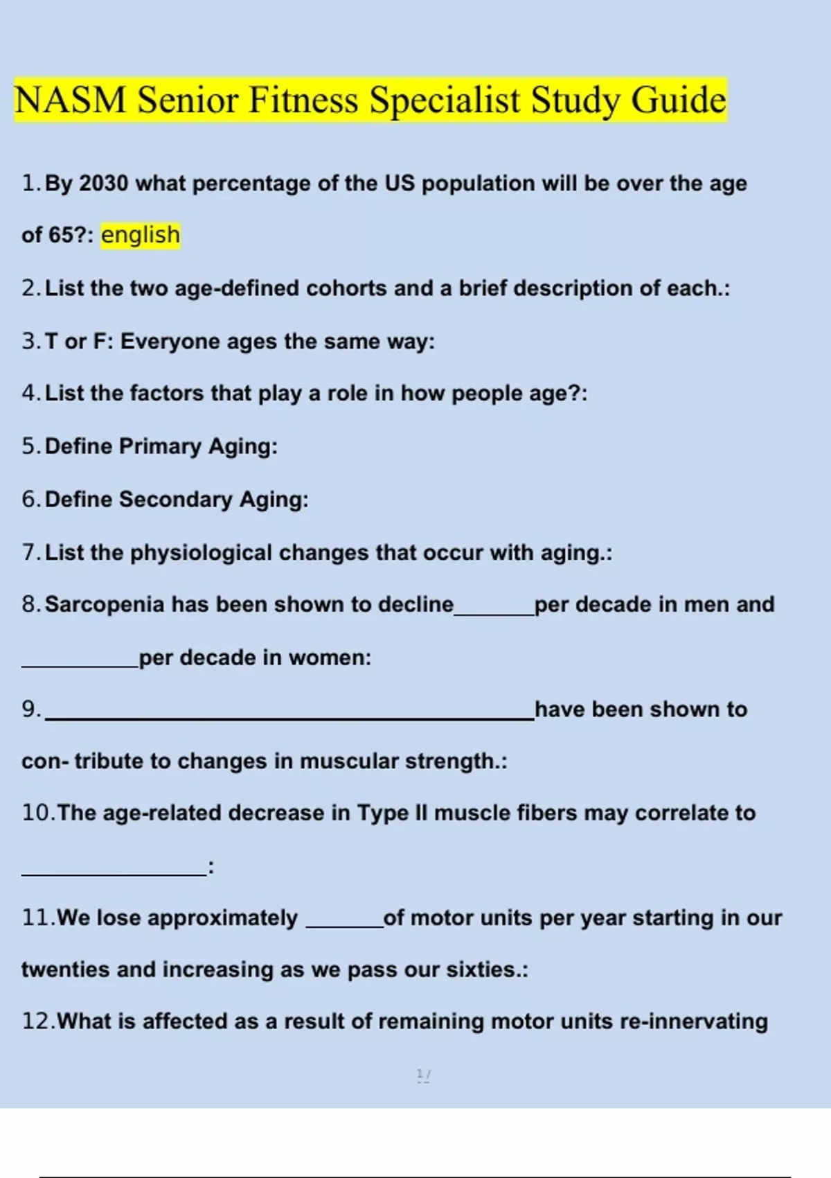 NASM Senior Fitness Specialist Study Guide Newest Questions and Answers (2023 / 2024) (Verified ...
