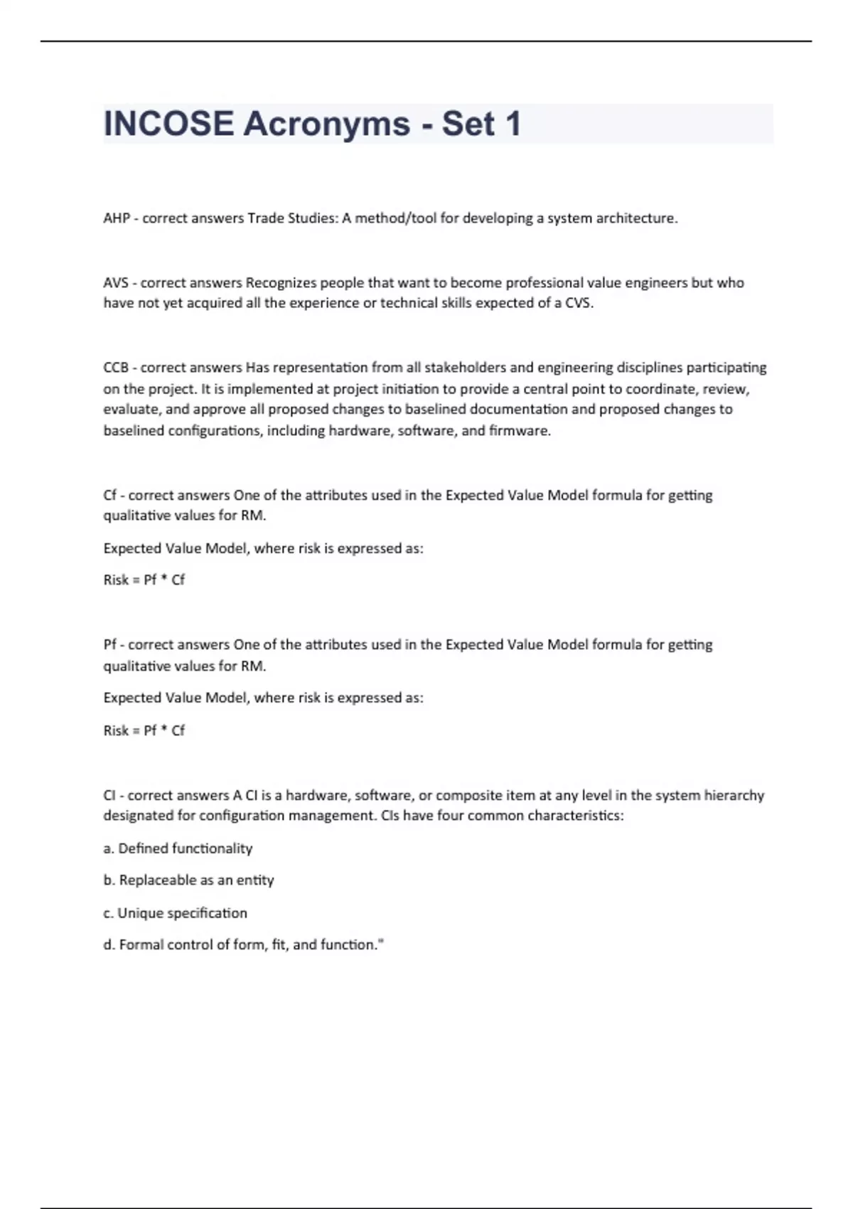 INCOSE Acronyms - Set 1 questions with fully solved solutions 2023/2024 ...