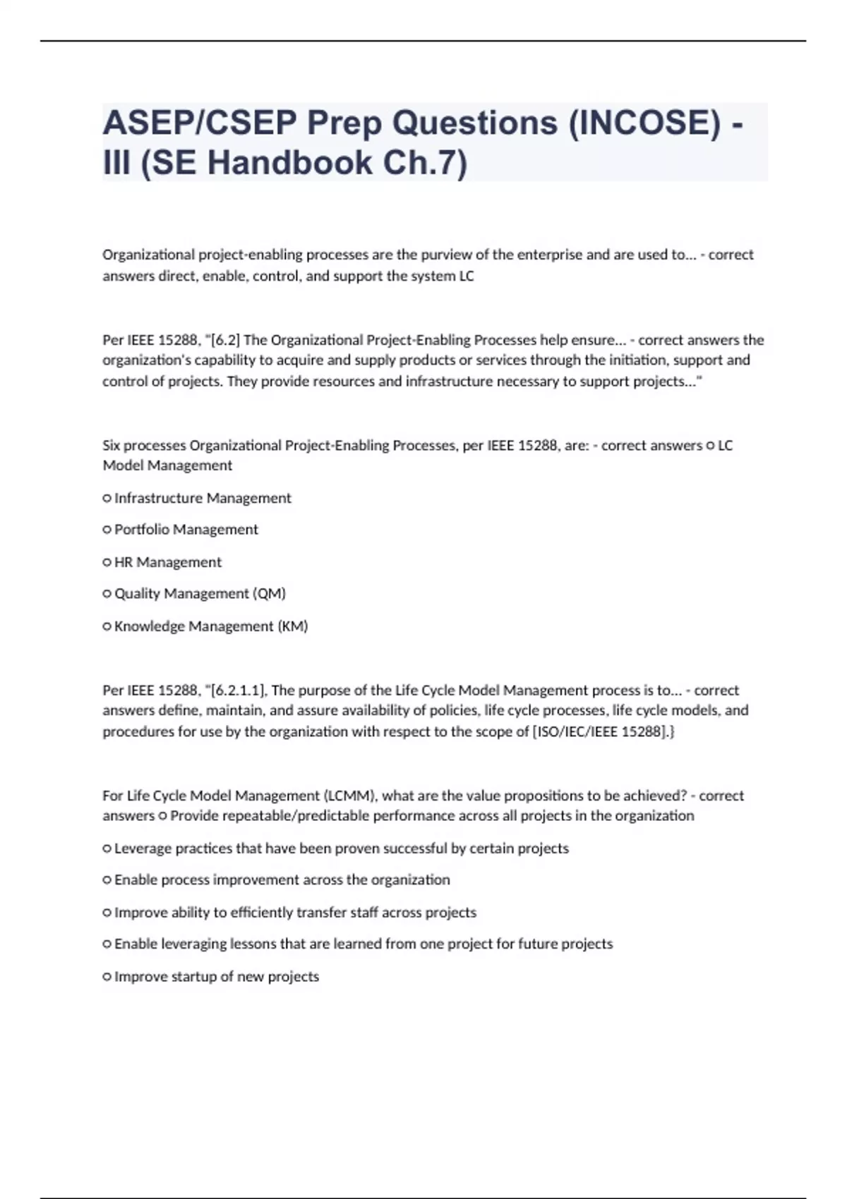 ASEP CSEP Prep Questions (INCOSE) - III (SE Handbook Ch.7)question n ...