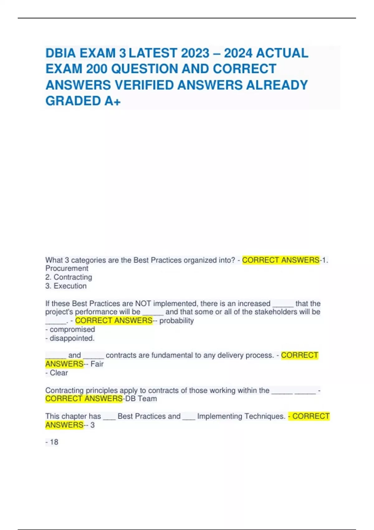 DBIA EXAM 3 LATEST 2023 – 2024 ACTUAL EXAM 200 QUESTION AND CORRECT ...