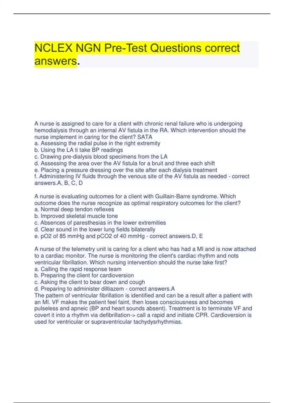 NCLEX NGN Pre-Test Questions correct answers. - CNCLEX NGN - Stuvia US