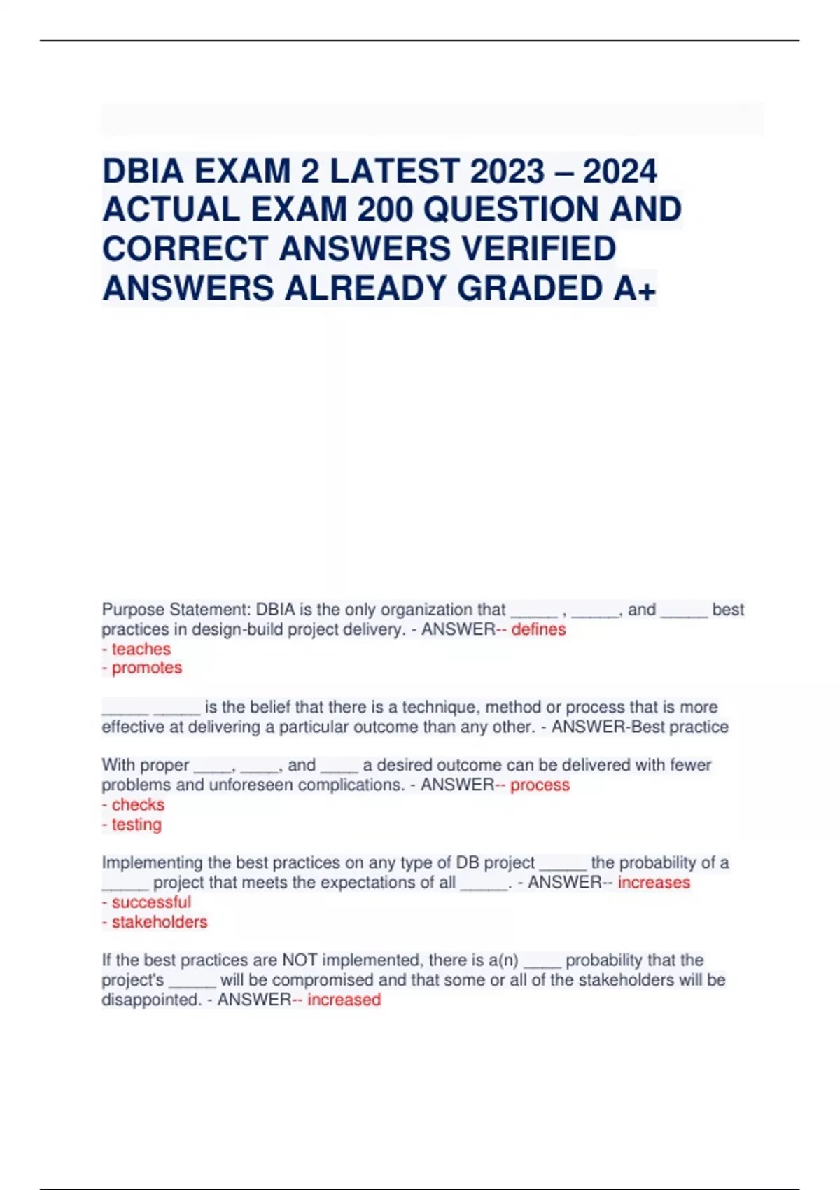 DBIA EXAM 2 LATEST 2023 – 2024 ACTUAL EXAM 200 QUESTION AND CORRECT ...