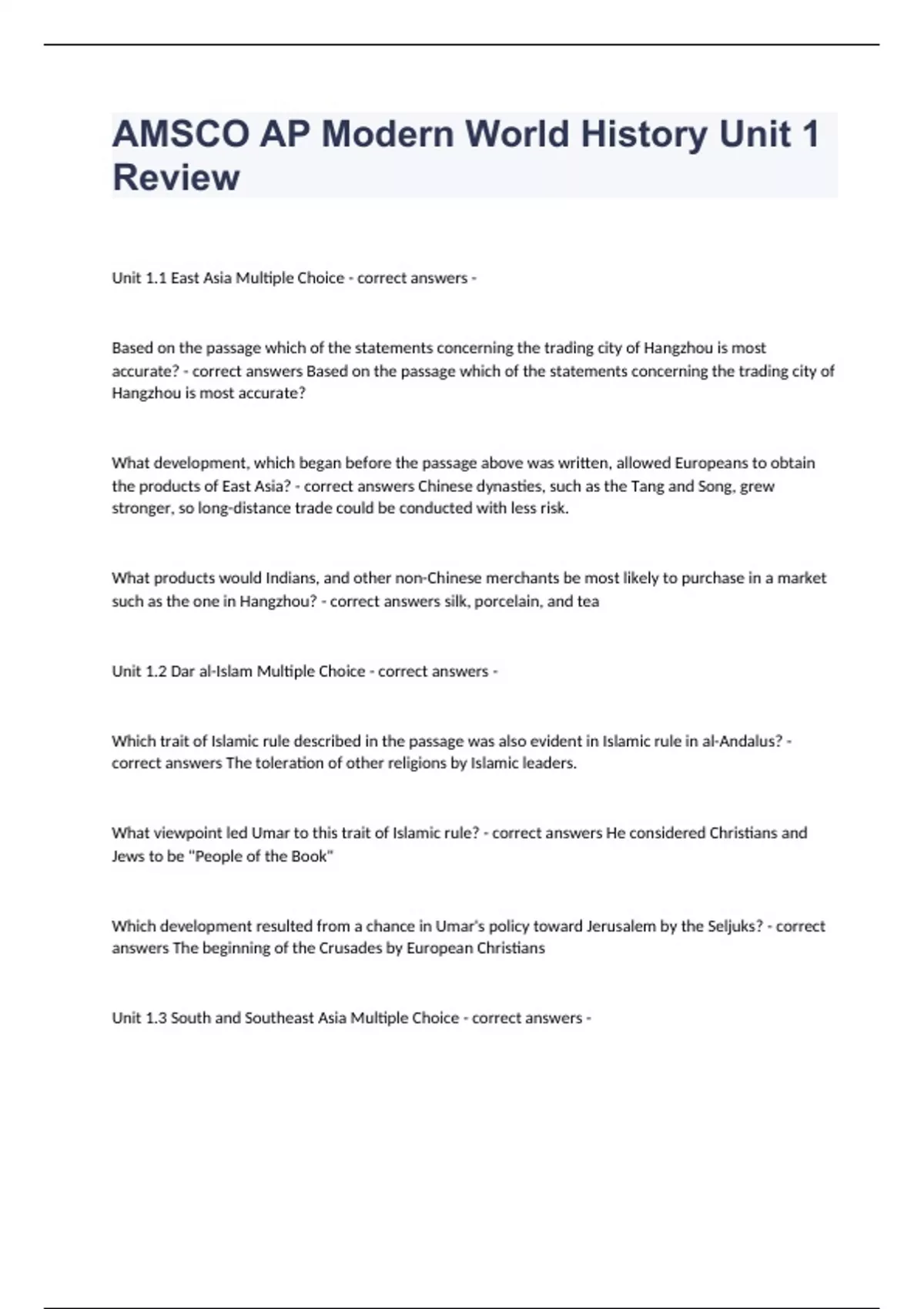 AMSCO AP Modern World History Unit 1 Review 2023/2024 latest update ...
