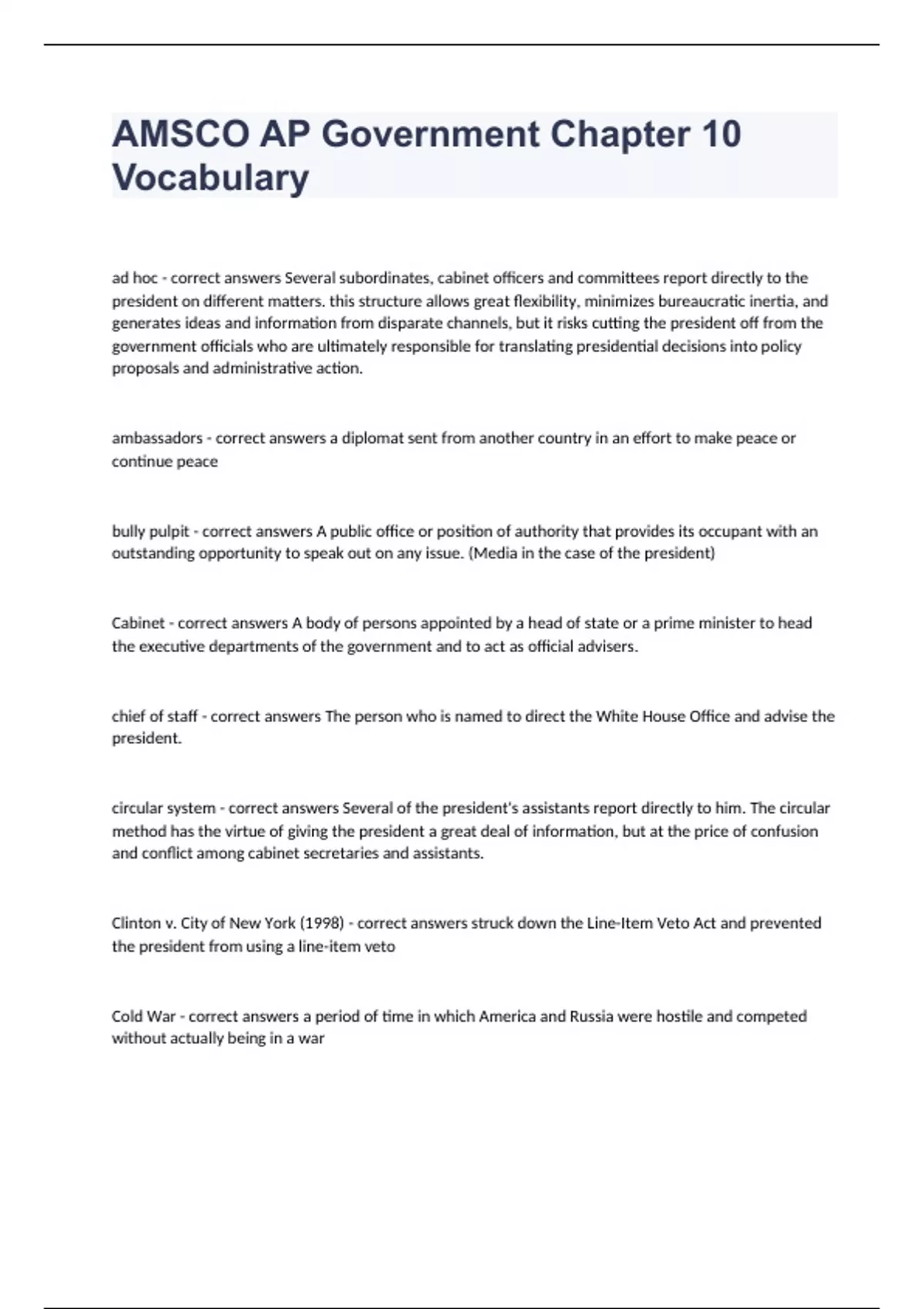 AMSCO AP Government Chapter 10 Vocabulary question n answers graded A+ ...