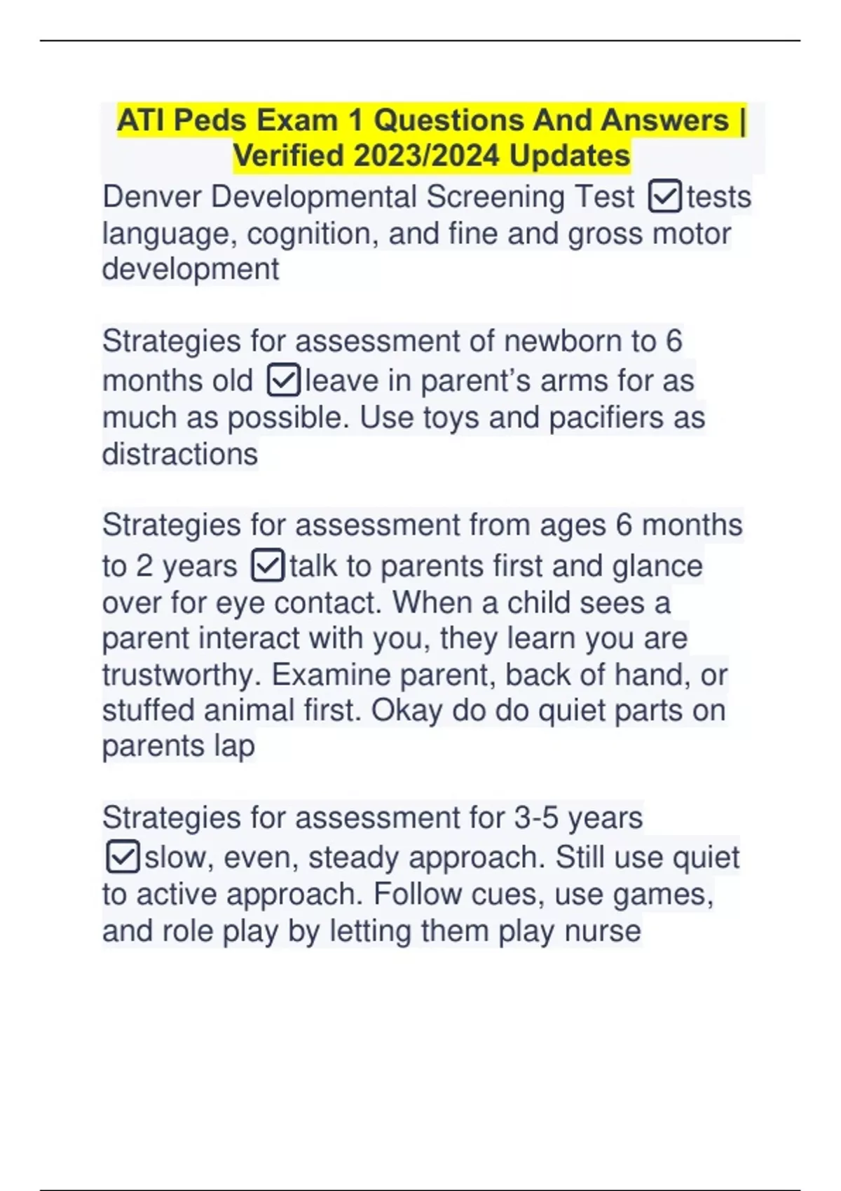 ATI Peds Exam 1 Questions And Answers | Verified 2023/2024 Updates ...