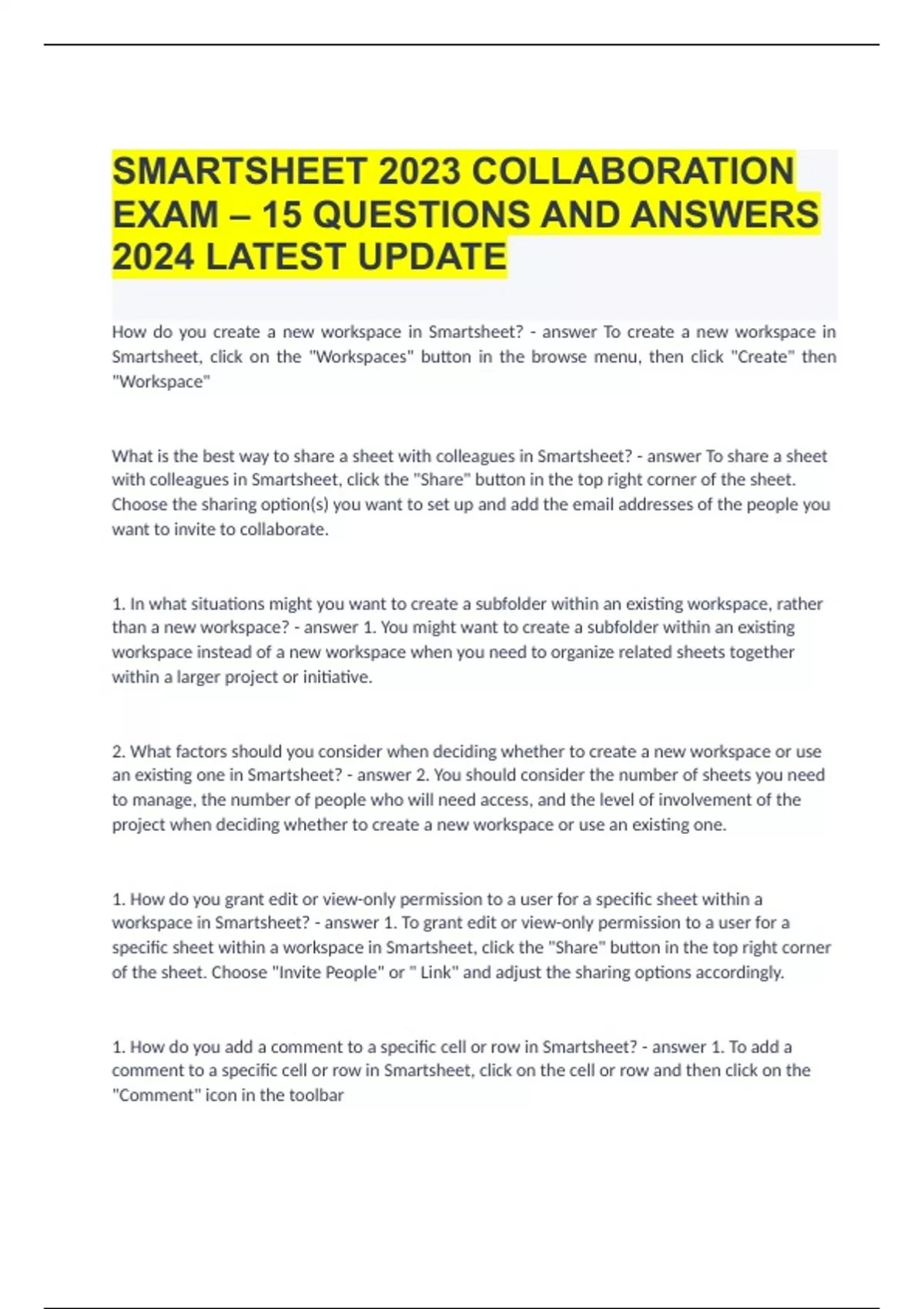 SMARTSHEET 2023 COLLABORATION EXAM – 15 QUESTIONS AND ANSWERS 2024 ...