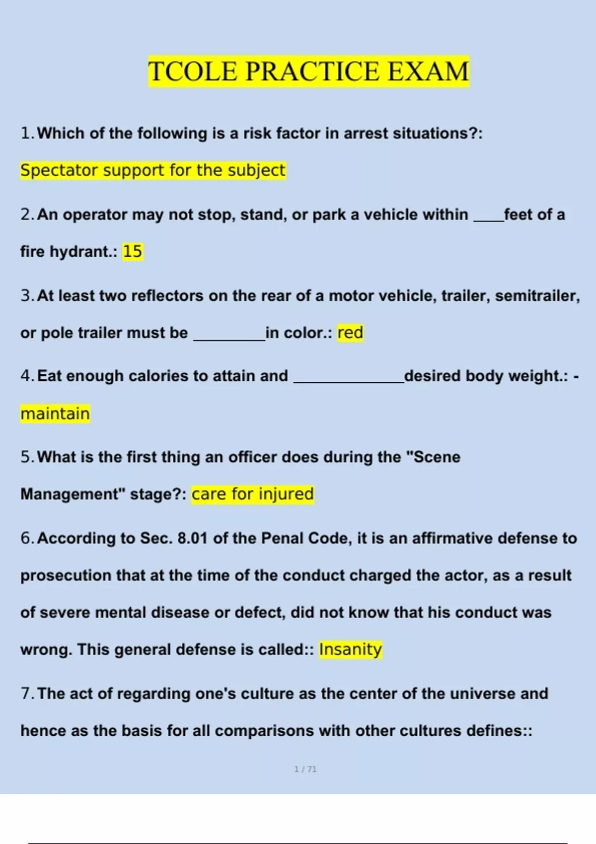 TCOLE PRACTICE EXAM Newest Questions and Answers (2023 / 2024 ...