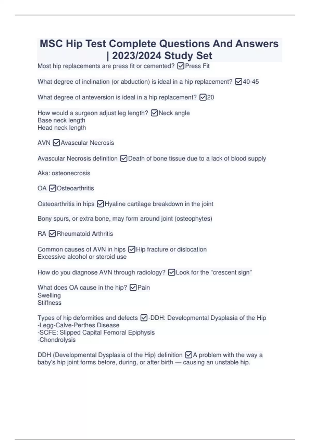 MSC Hip Test Complete Questions And Answers | 2023/2024 Study Set - MSC ...
