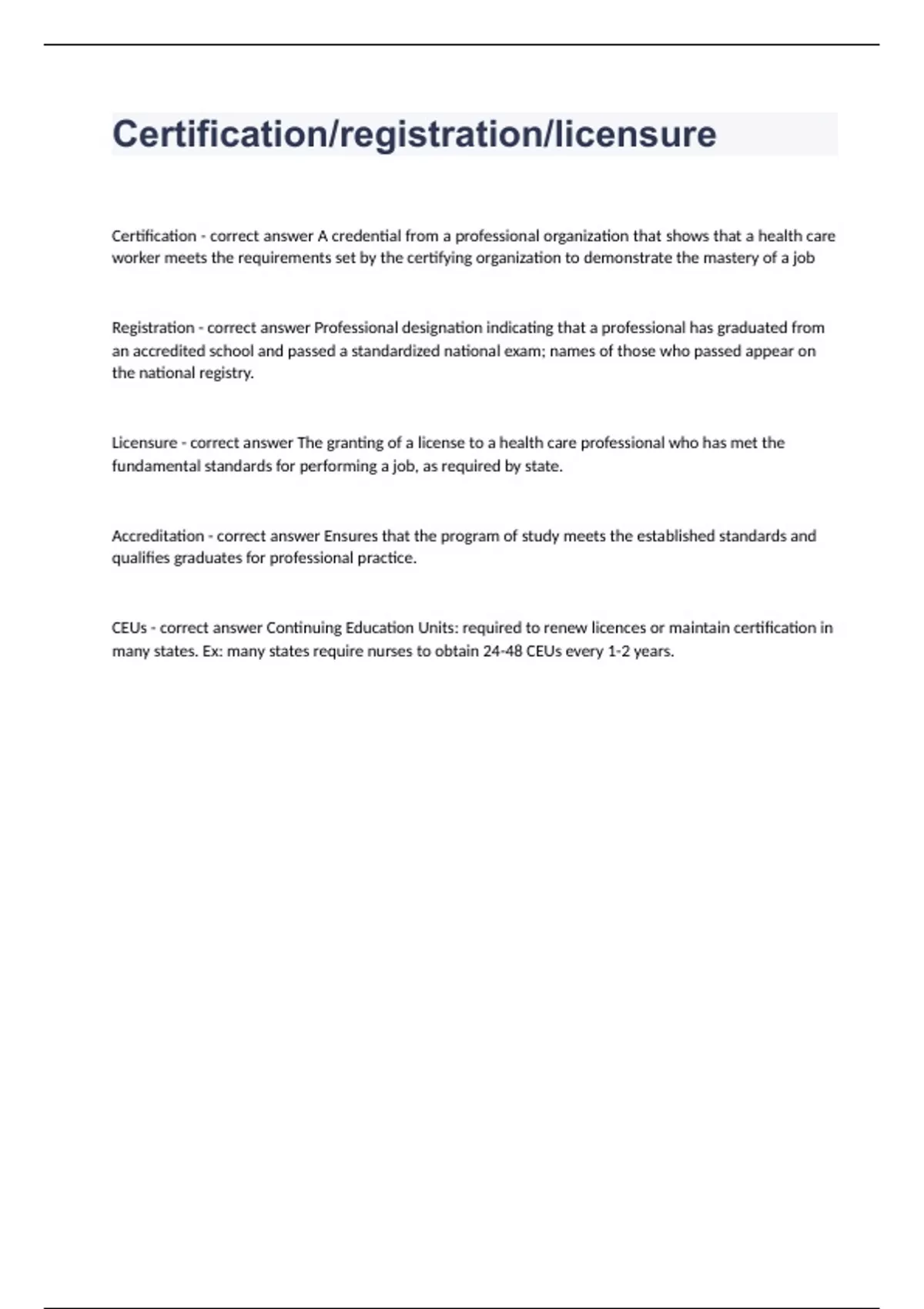 Certification registration licensure Question and answers 100% correct ...
