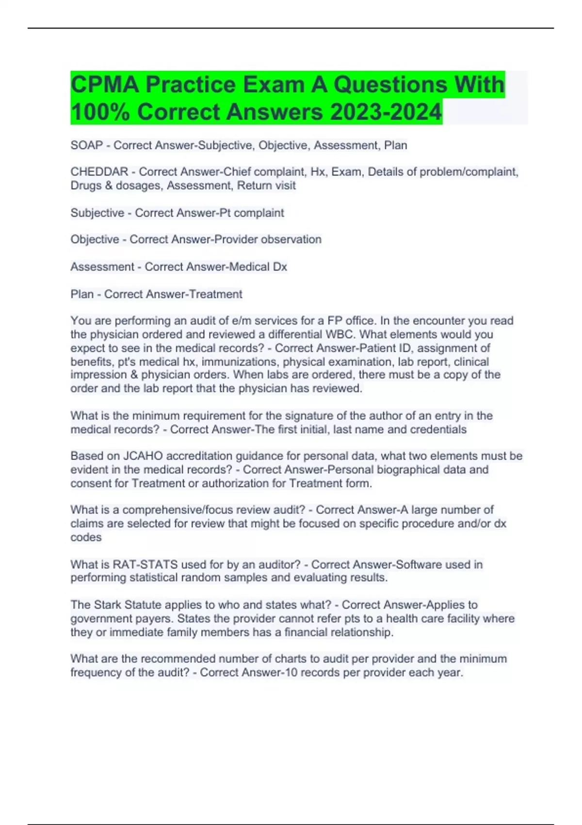 CPMA Practice Exam A Questions With 100% Correct Answers - CPMA - Stuvia US