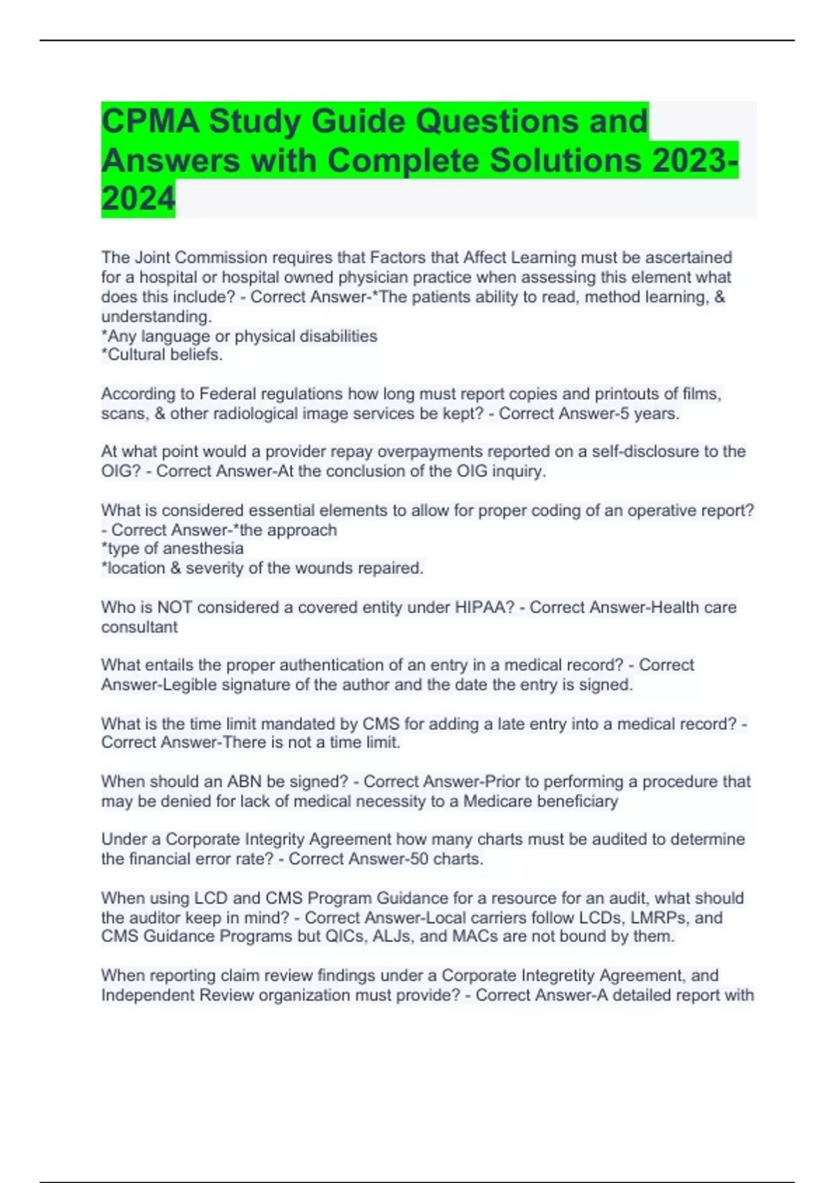 CPMA Study Guide Questions and Answers with Complete Solutions - CPMA ...