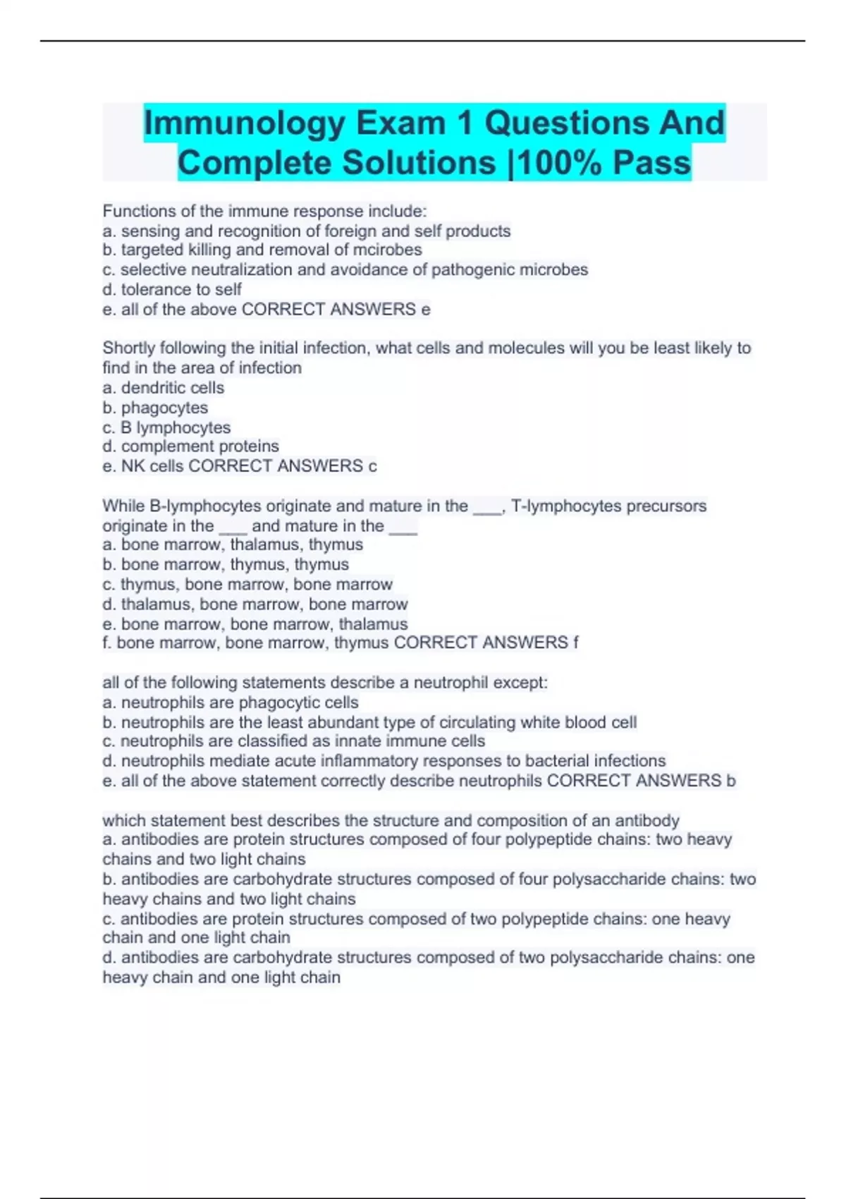Immunology Exam 1 Questions And Complete Solutions |100% Pass ...