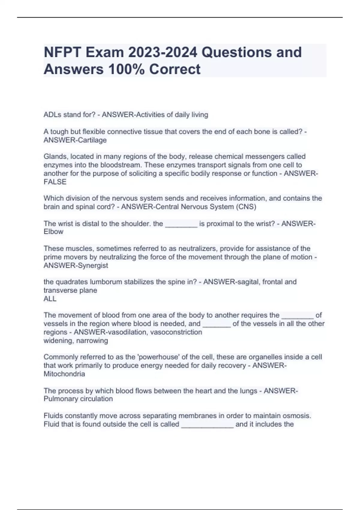 NFPT Exam Questions and Answers 100% Correct - Nfpt - Stuvia US