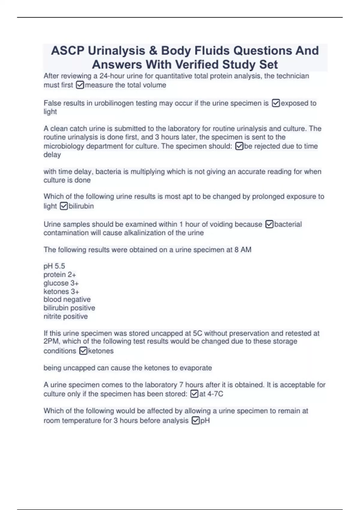 ASCP Urinalysis & Body Fluids Questions And Answers With Verified Study ...