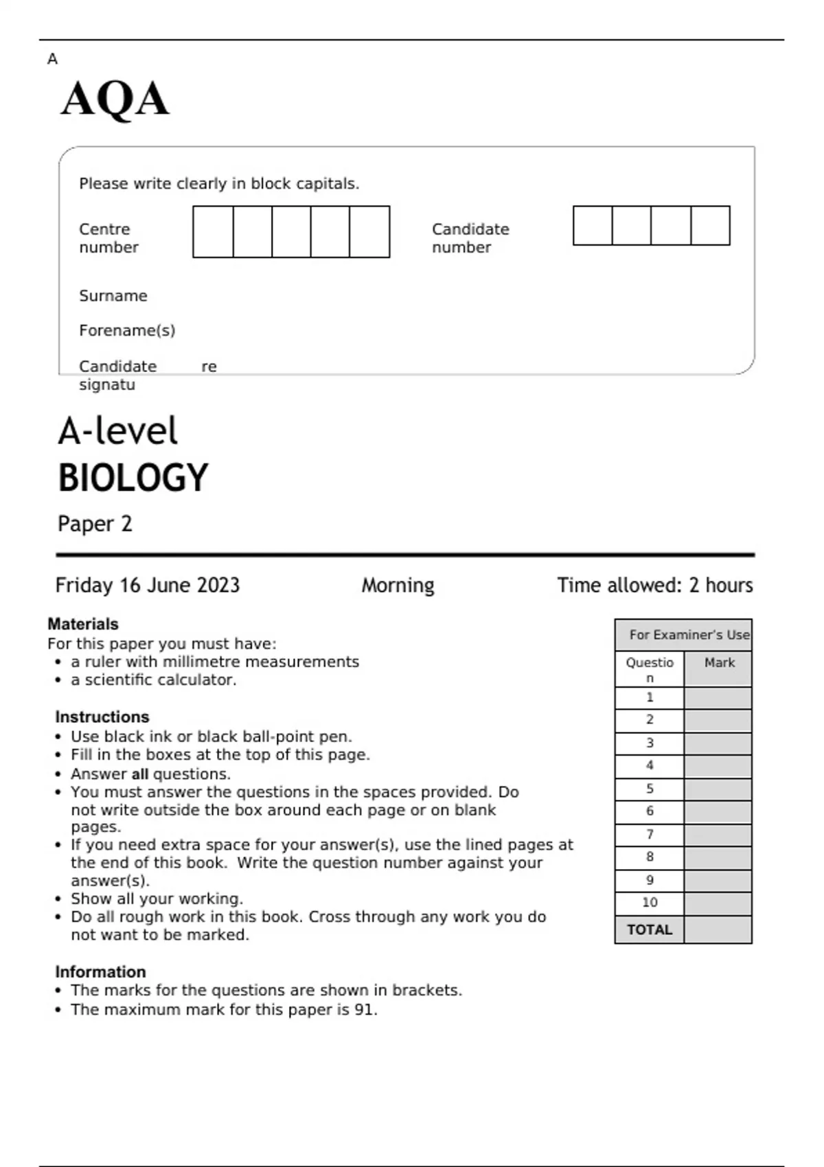 AQA A-level BIOLOGY Paper 2 JUNE 2023 QUESTION PAPER - A-level BIOLOGY ...