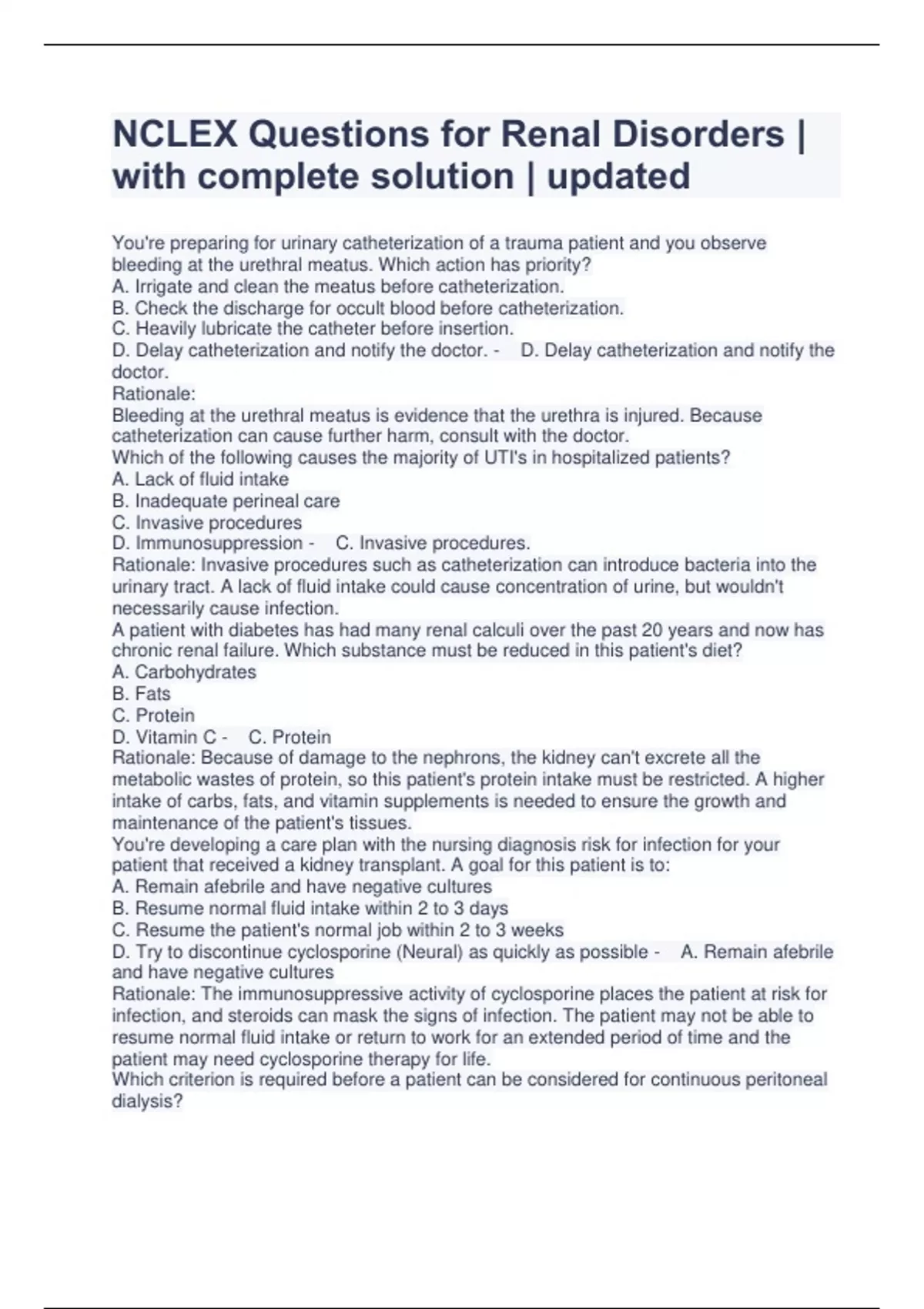 NCLEX Questions for Renal Disorders | with complete solution | updated ...