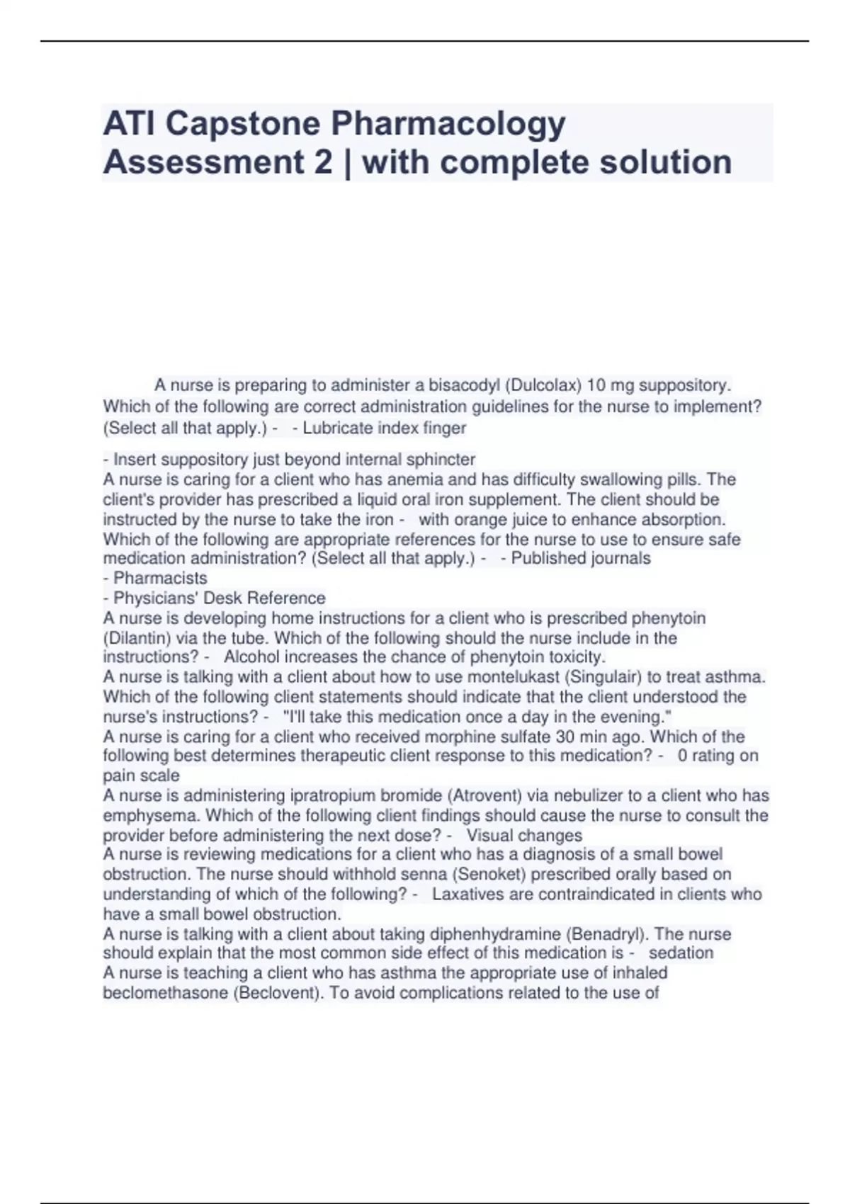 ATI Capstone Pharmacology Assessment 2 | with complete solution - ATI ...