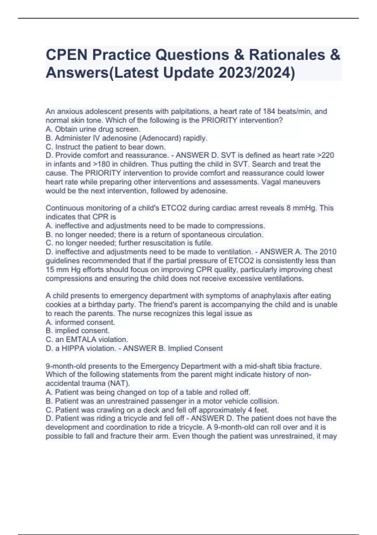 CPEN Practice Questions & Rationales & Answers(Latest Update 2023/2024 ...