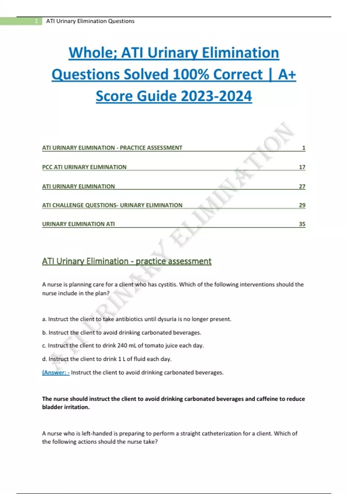 Whole; ATI Urinary Elimination Questions Solved 100% Correct | A+ Score ...
