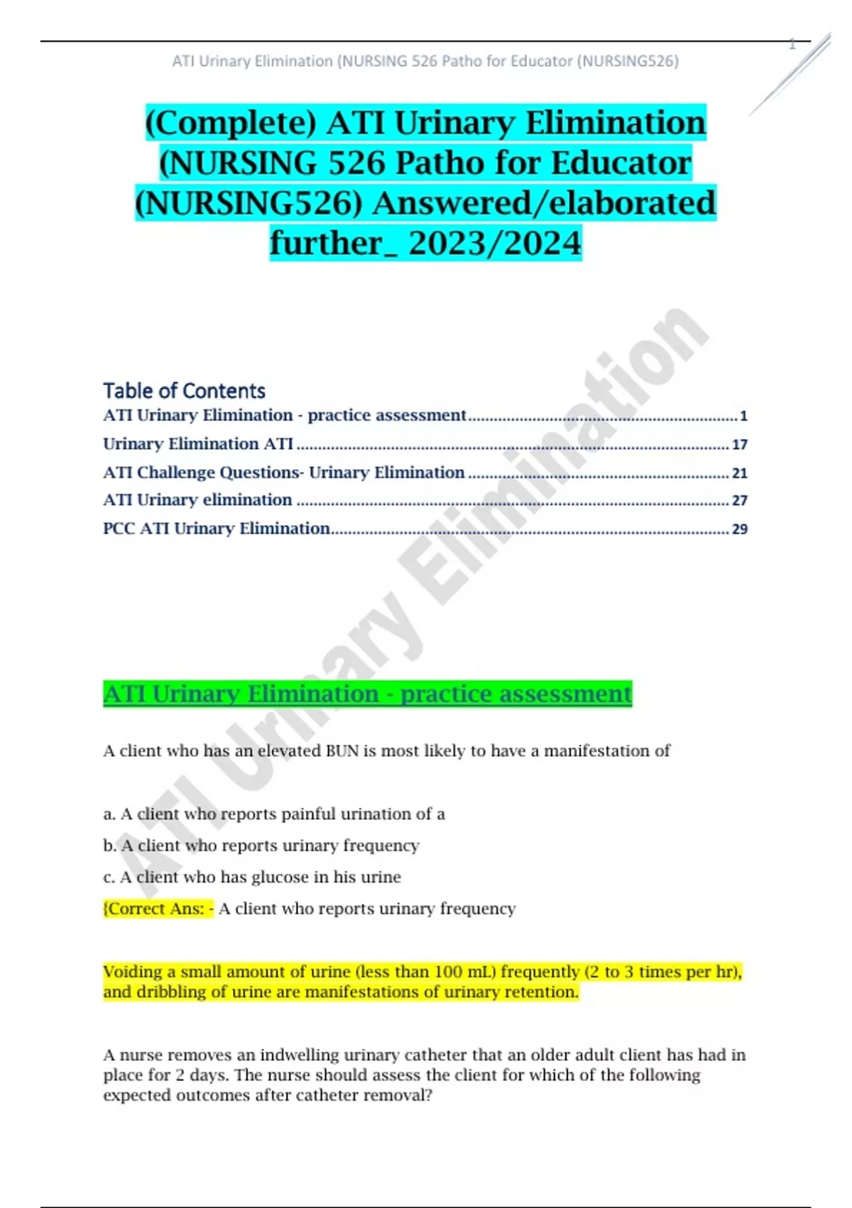 ATI Urinary Elimination Questions Solved 100% Correct | A+ Score Guide ...