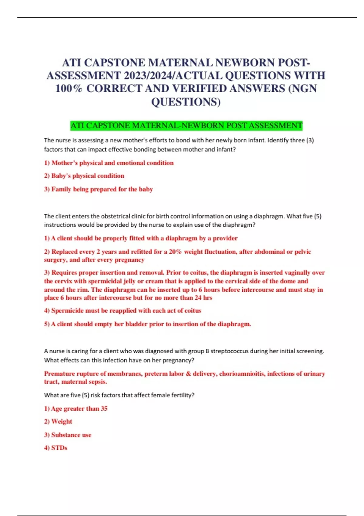 ATI CAPSTONE MATERNAL NEWBORN POST-ASSESSMENT 2023/2024/ACTUAL ...