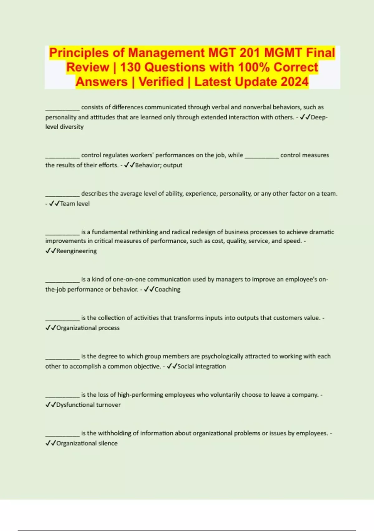 Principles of Management MGT 201 MGMT Final Review | 130 Questions with ...