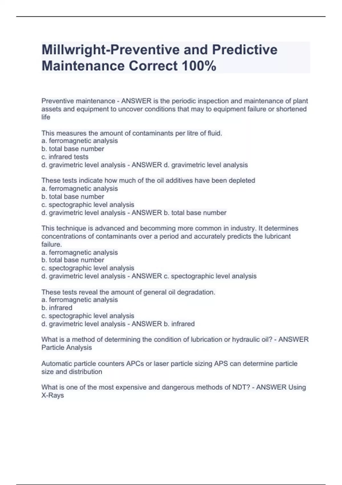 Millwright-Preventive and Predictive Maintenance Correct 100% ...