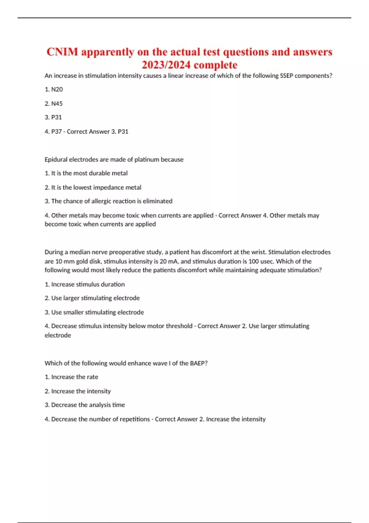 CNIM apparently on the actual test questions and answers 2023/2024 ...